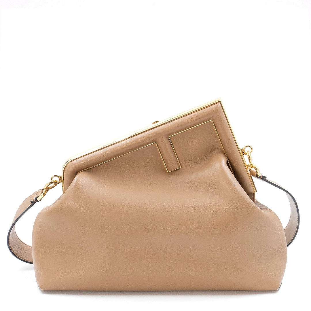 Fendi First Medium Clutch Bag in Beige Leather with Gold-Tone Hardware ...