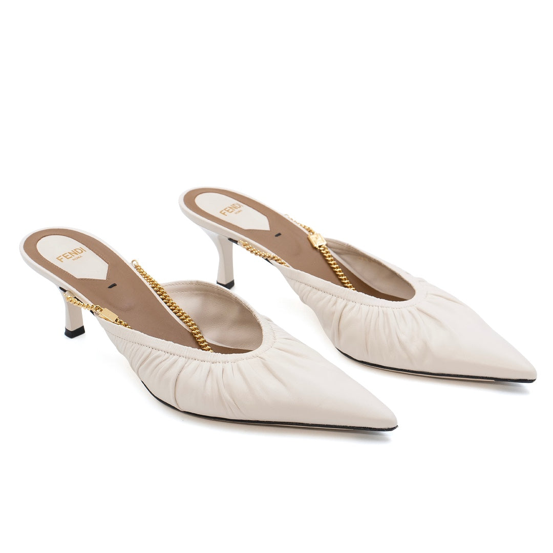 Fendi Colibrì Lite Chain Strap Leather Kitten Heel Mules in Cream ...
