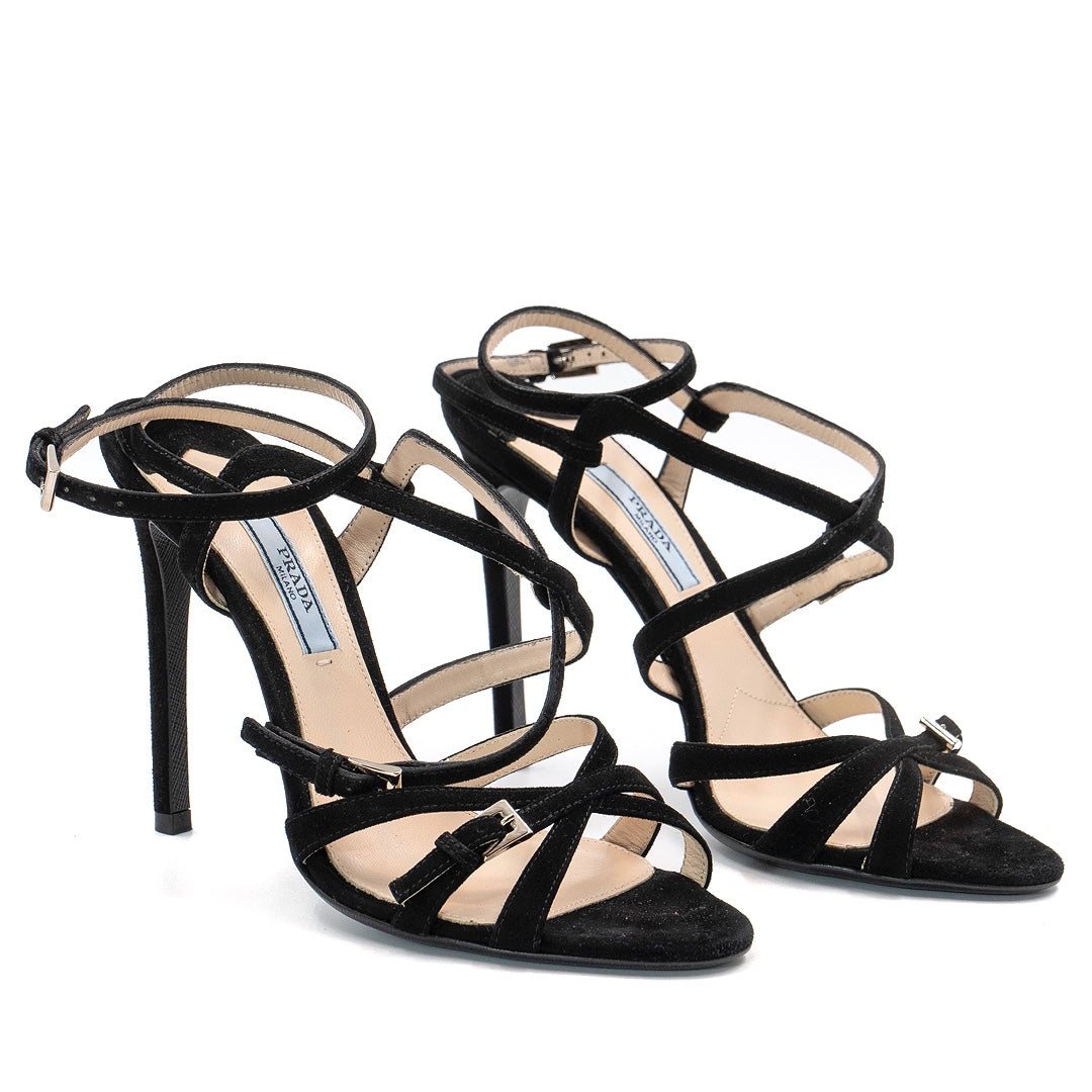 Prada Black Suede Cross T-Strap Heels | Gemaee UAE